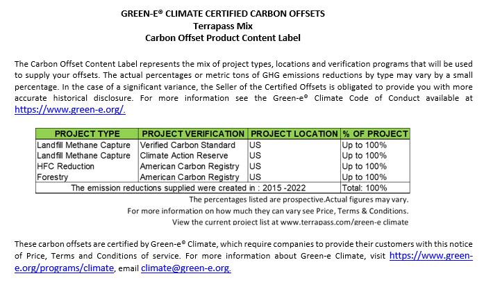 Purchase Green-e® Climate Certified Terrapass Carbon Offsets